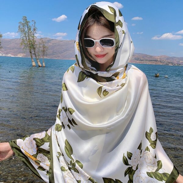 Sun-Protective Simulated Silk Scarf in Gorgeous Brocade with Gardenia ...